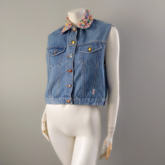 Jou Jou | Jackets & Coats | Vtg 9s Rainbow Sequin Beaded Collar Denim ...